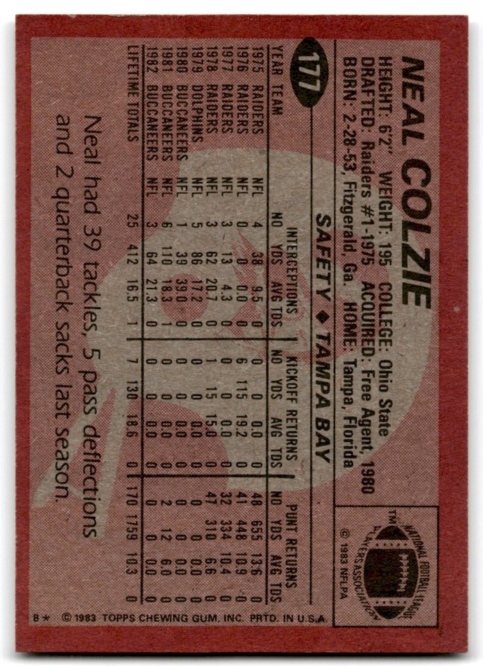 1983 Topps Neal Colzie Vintage Tampa Bay Buccaneers #177 | eBay