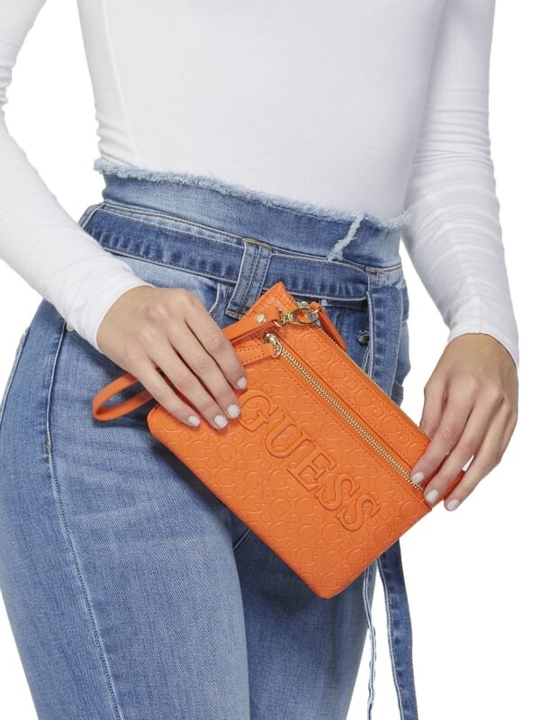 NEW GUESS ORANGE CORAL EMBOSSED LEATHERETTE,GOLD ZIP,LOGO,WRISTLET ...