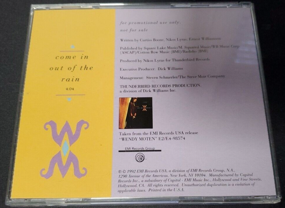 Wendy Moten – Come In Out Of The Rain (CD, Promo, US, 1992, EMI) AF964 ...