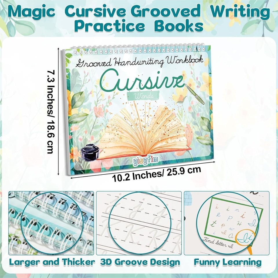 4 Pack Grooved Cursive Handwriting Workbook Kit Magic Reusable Grooved ...