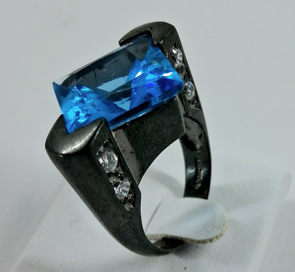 Silver Ring 925 Burnished Rectangular With Crystal Blue And Cubic ...