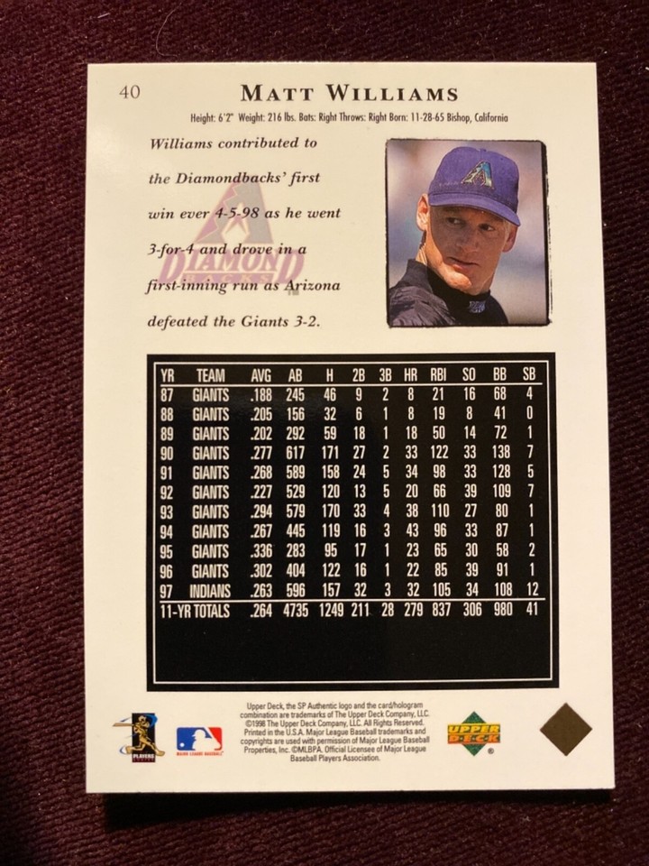 1998 SP Authentic #40 Diamondbacks Matt Williams Baseball Card | eBay