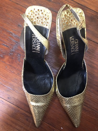 Versace Gold Snake Leather Heels 38.5 Vintage Circa 2000s | eBay