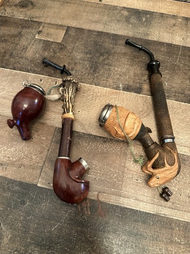 Antiq German HAND CARVED Wood Stag Deer Horn Tob Smoking Pipe Lot Of ...