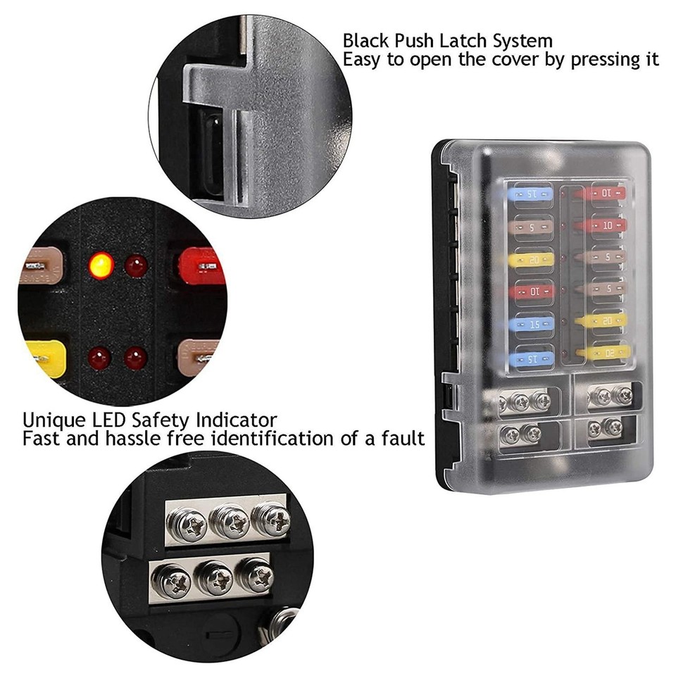 12V 12 Way Marine Fuse Fuse Panel with Ground & 12 Volt Fuse Box for ...