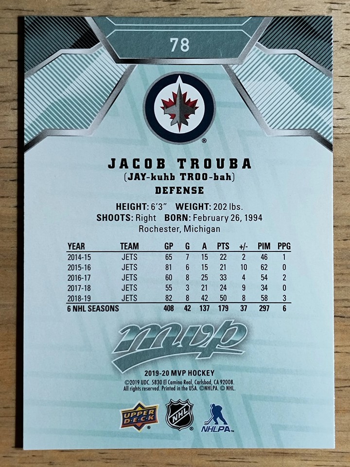 2019-20 Upper Deck MVP #78 Jacob Trouba | eBay