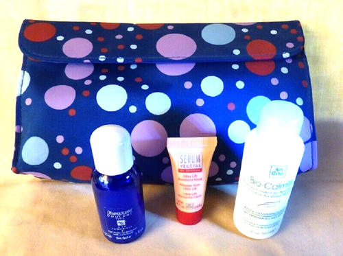 Blue Polka Dot Vinyl Makeup Travel Bag 3 Sample Yves Rocher Products | eBay