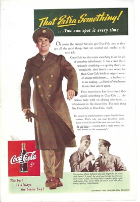 1943 Coca Cola Vintage Color Print Ad WWII That Extra Something Soldier ...