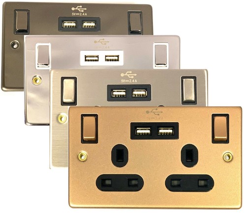 Double Wall Plug Socket 2 Gang 13A with 2 USB Ports W/2 Screws Slim ...