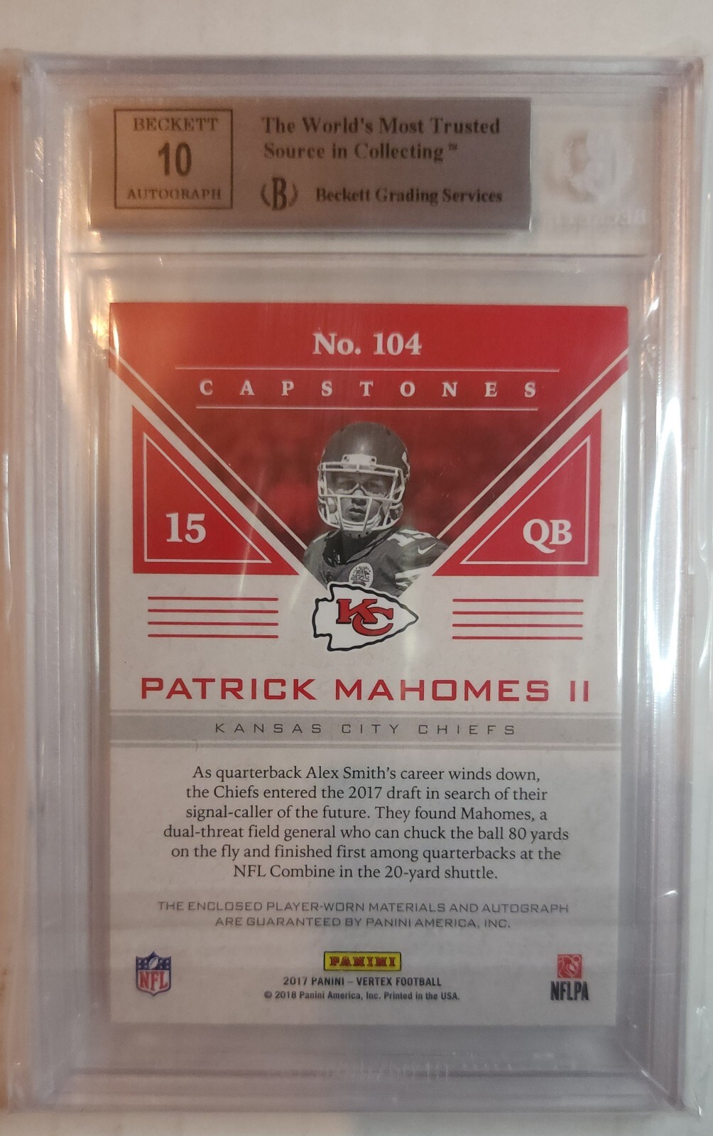 2017 Patrick Mahomes Panini Vertex /99 Capstones BGS 8.5 AUTO 10 RPA ...