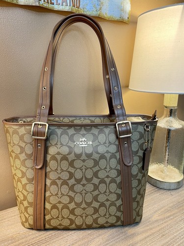 NWT COACH CN328 Signature Leather ASHTON TOTE Shoulder Khaki Saddle ...