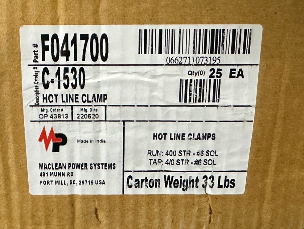 Maclean Power Systems F041707 Hot Line Clamp C-1530-Qty 25 | eBay