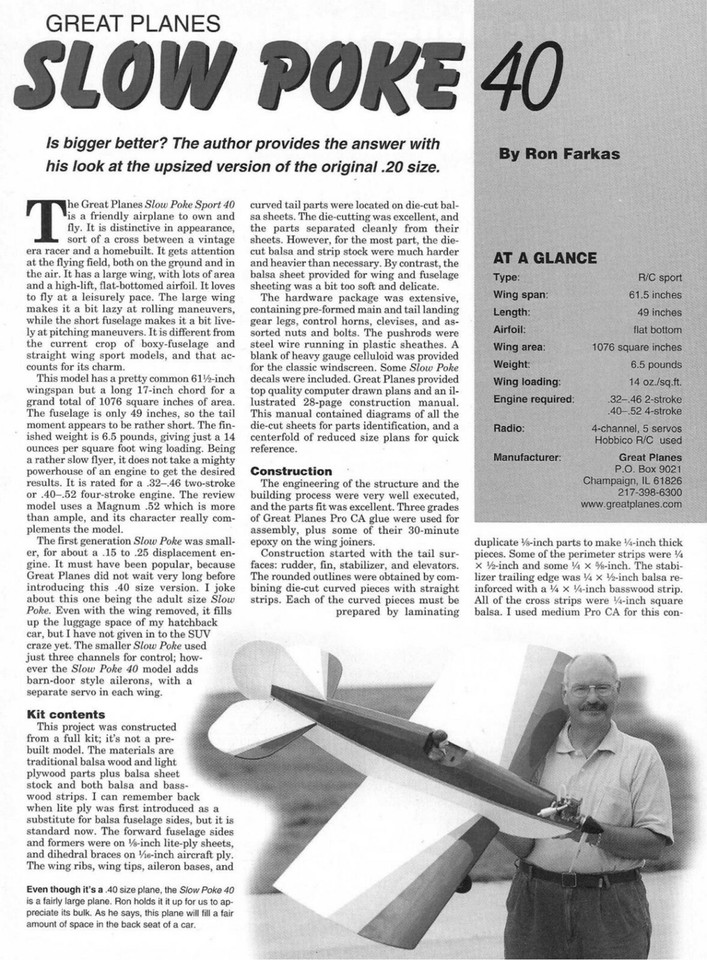 Great Planes Model Airplane Plans (RC): SlowPoke 40 61½" for .32-.52 ...