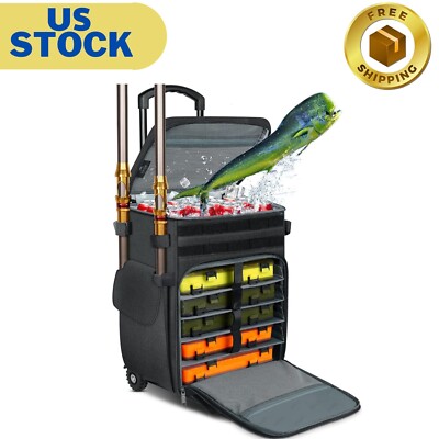 Rolling Tackle Box with Cooler, Large Fishing Bag with Wheels for 5 ...