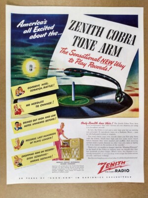 1946 Zenith Record Player Cobra Tone Arm vintage print Ad | eBay