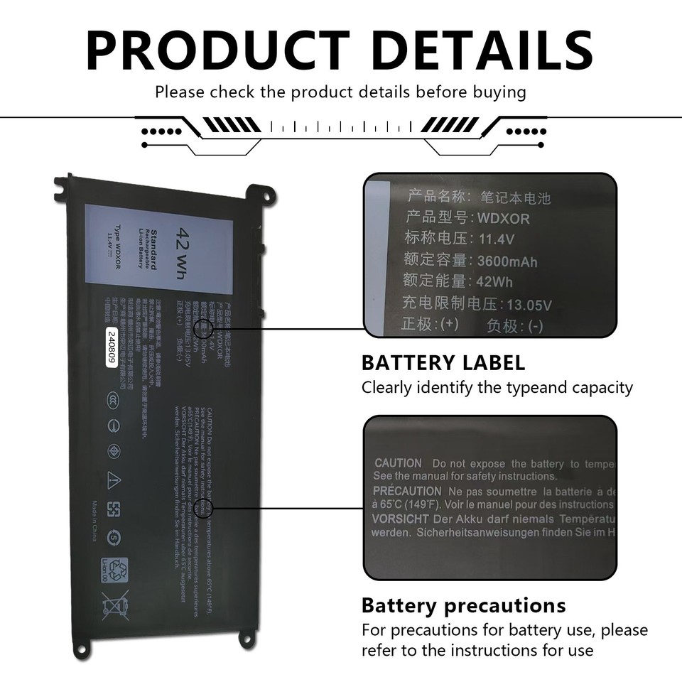 3-Cell 42Wh WDXOR WDX0R Battery for Dell Latitude 3180 3190 3300 3379 ...