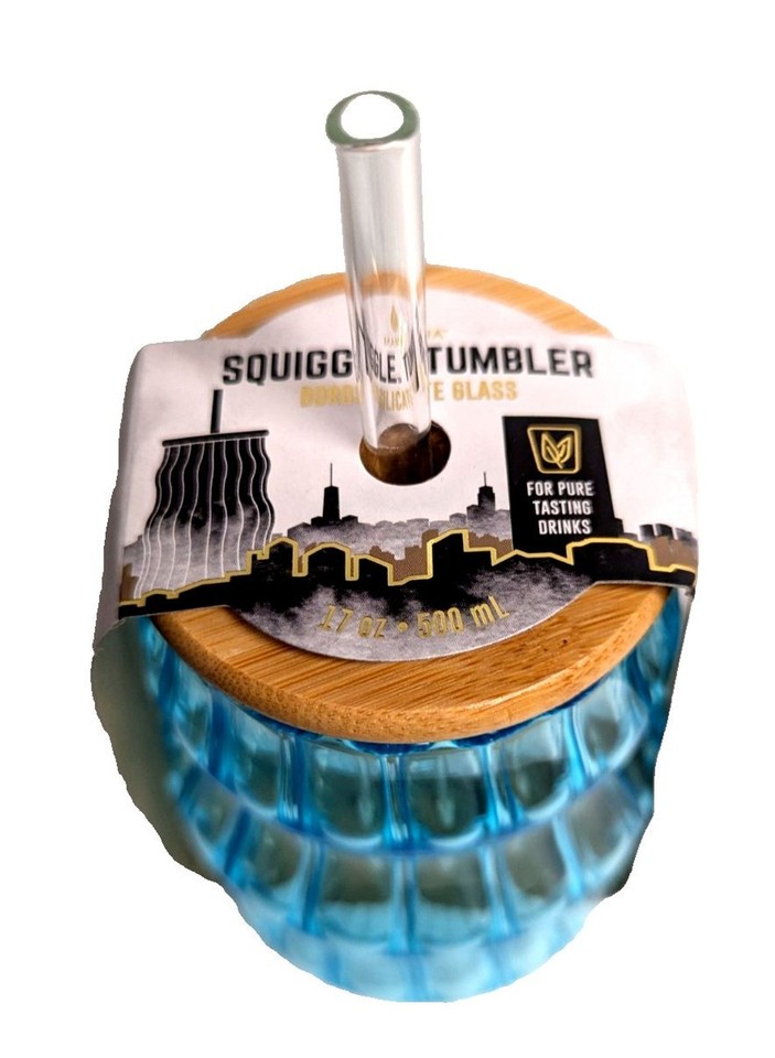Manna Squiggle Tumbler Clear Blue Borosilicate Glass Bamboo Lid Straw ...