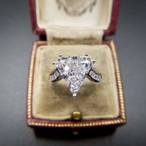 Triangular Cut Clear Stone Large 925 Vintage Silver Ring Art Deco Showa ...