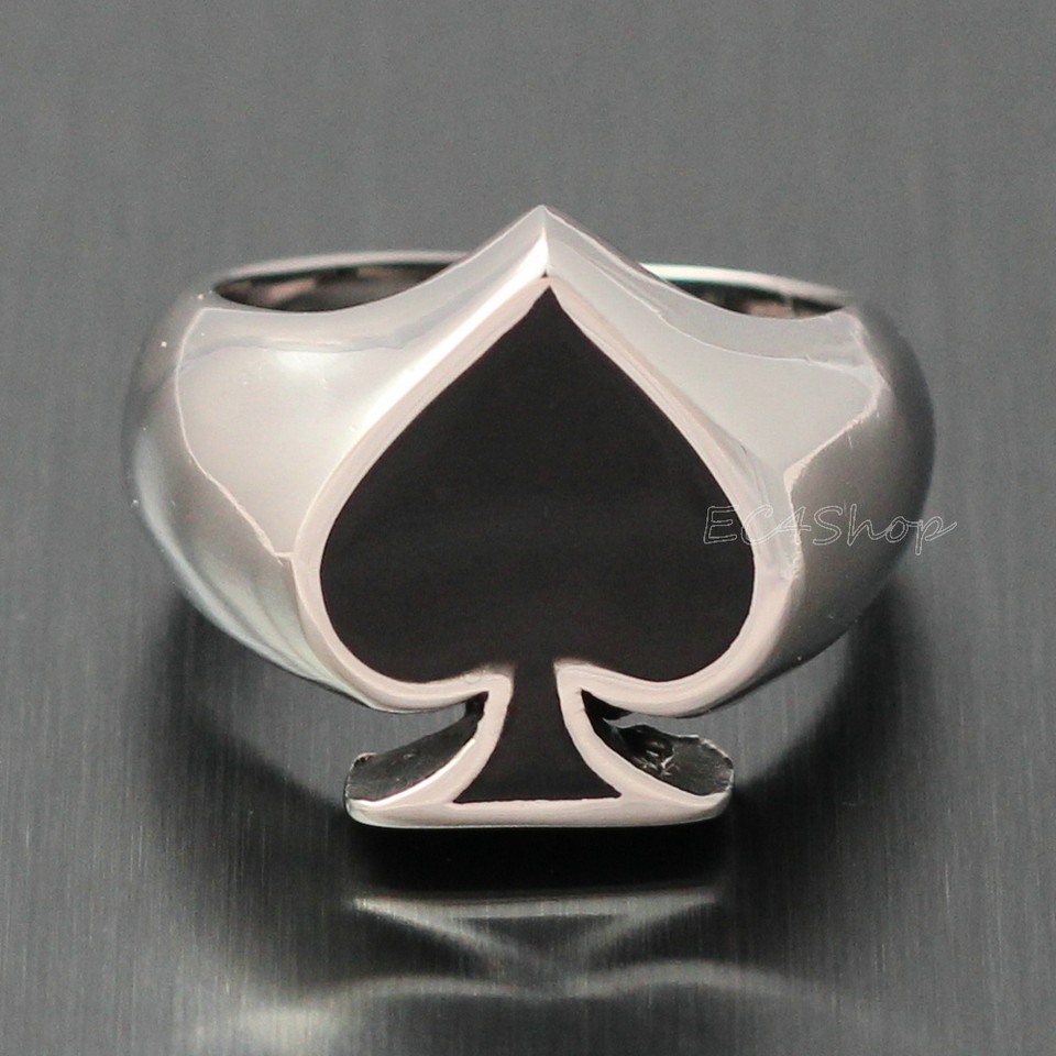 Men's Silver Black Stainless Steel Poker Spade Motor Biker Lucky Ring ...