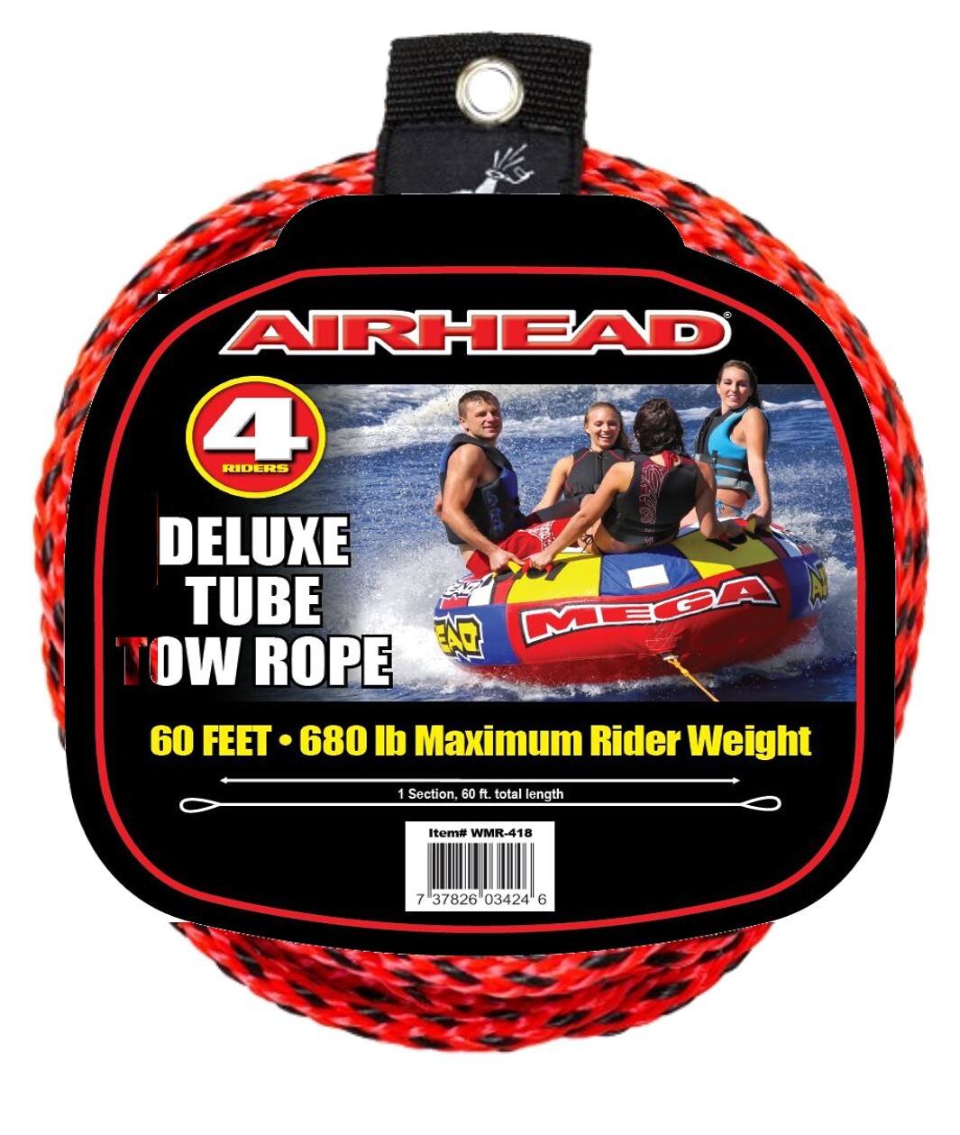 AIRHEAD DELUXE TUBE TOW ROPE 60 FEET 680 LB MAX 4 RIDERS FAST SHIP BOAT ...
