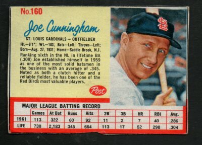 1962 Post Baseball Card #160 Joe Cunningham-St Louis Cardinals Poor ...