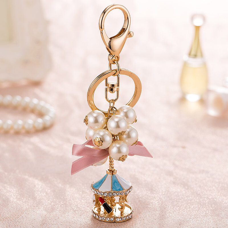 Pink/Blue/Black Carousel Keychain Womens Gold Car Key Ring White Pearl ...