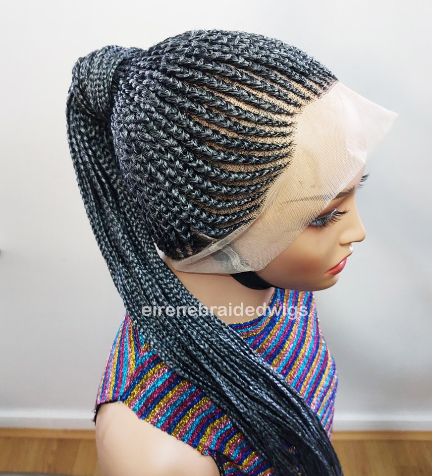 Full Lace Conrow Updo Braided Wig For Black Women, High Bun Ponytail ...
