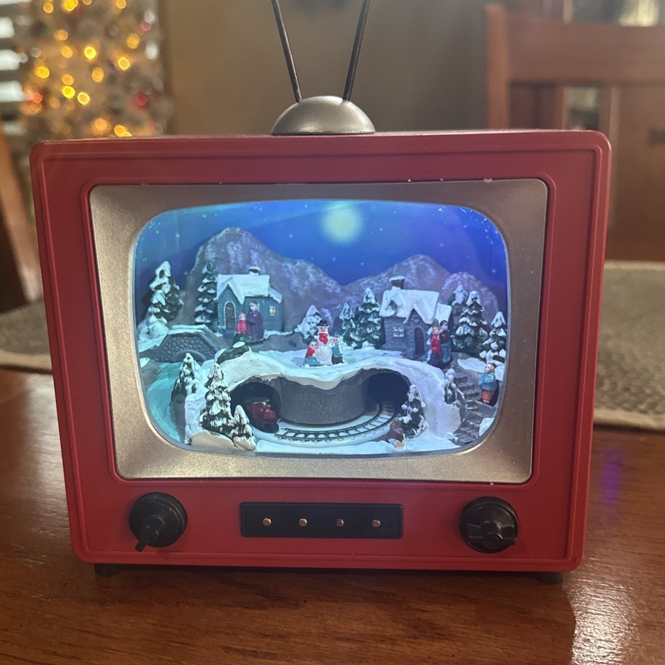 Red Retro Vintage TV Music Box with Animated Christmas Train / Lights ...