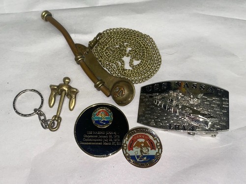 USS NASSAU Memorabilia Belt Buckle Challenge Coin Pin Whistle Key Chain ...
