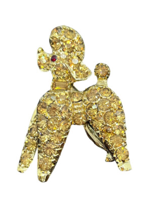 Vintage French Poodle Dog Rhinestone Brooch Pin sparkly gold tone puppy ...