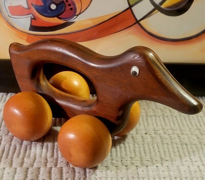Vintage Wheeled Wooden Duck Handheld Massager Roller Nursery Toy Gift ...