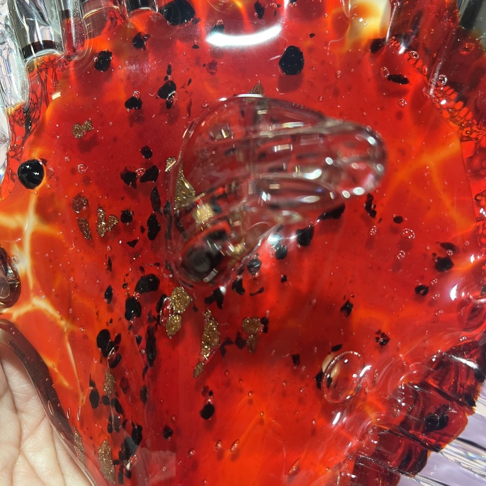 Hand Blown Art Glass Angel Fish Red Black Orange Gold Spots Paperweight ...
