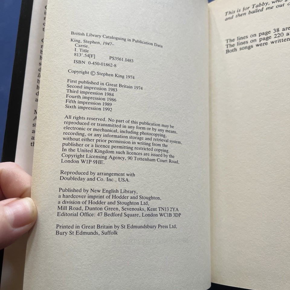 Carrie Stephen King 1st Edition 6th Pressing New English Library ...