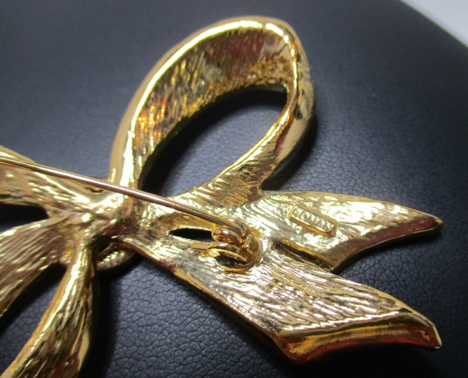 VINTAGE LARGE BOW SIGNED ROMAN GOLD TONE RHINESTONE TEXTURED RIBBON ...