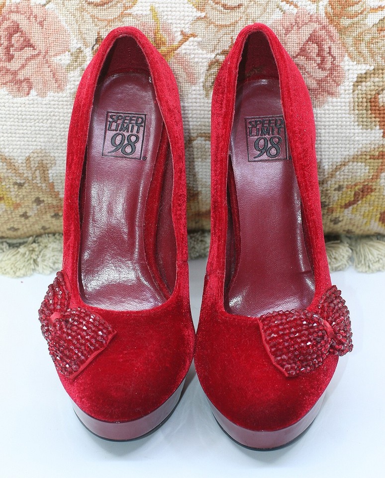 SPEED LIMIT 98 RED VELVET BOUDOIR PLATFORM STILETTO HIGH HEELS w/ SIDE ...