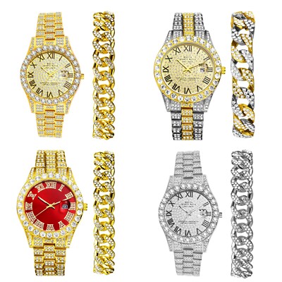 Mens Luxury Stainless Steel Full Rhinestone Date Quartz Wrist Watch ...