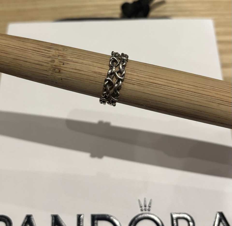 PANDORA Knotted Hearts Ring Stacking Duo - S925 Silver Oxidised - Size ...