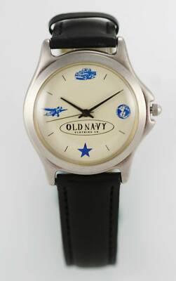 Old Navy Men's Leather Stainless Steel Water Resistant Quartz Battery ...