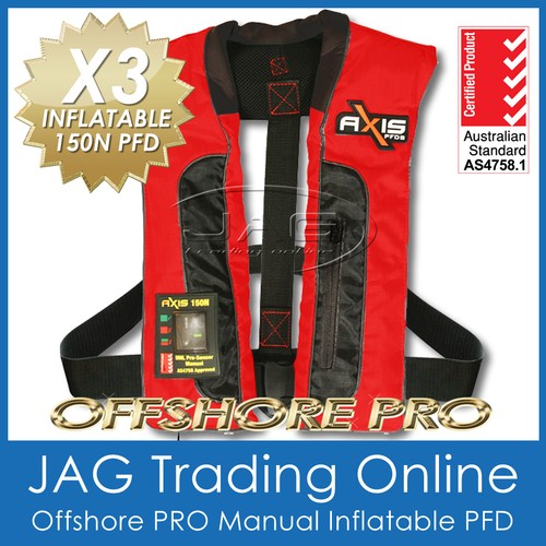 3 x AXIS OFFSHORE "PRO" RED MANUAL INFLATABLE PFD1 LIFEJACKET 150N Life ...
