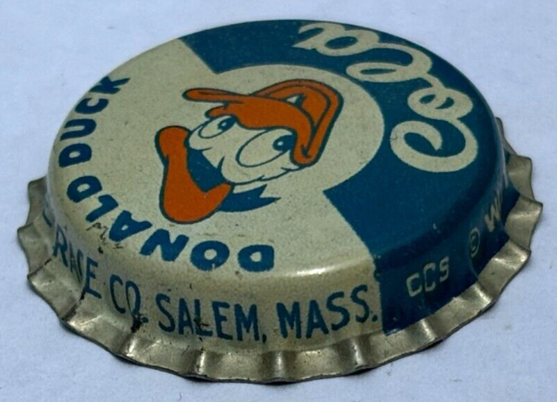 DONALD DUCK COLA SODA BOTTLE CAP; 1955, SALEM, MA; UNUSED CORK-LINED ...