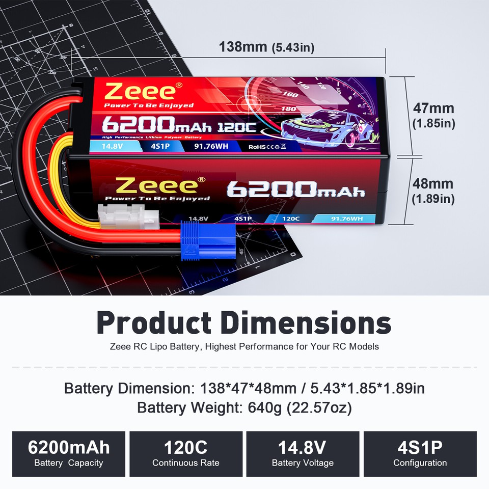 2x Zeee 4S 6200mAh Lipo Battery 14.8V 120C EC5 HardCase for RC Car ...