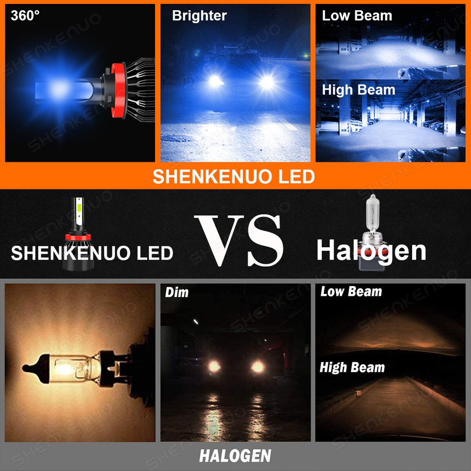 SHENKENUO 2X H11 LED Headlight Bulbs Kit Low Beam Ice Blue 80W 8000K ...