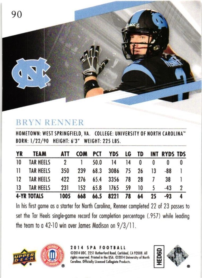 2014 SP AUTHENTIC BRYN RENNER FOOTBALL CARD RC ROOKIE $0.99 VALUE BOX ...