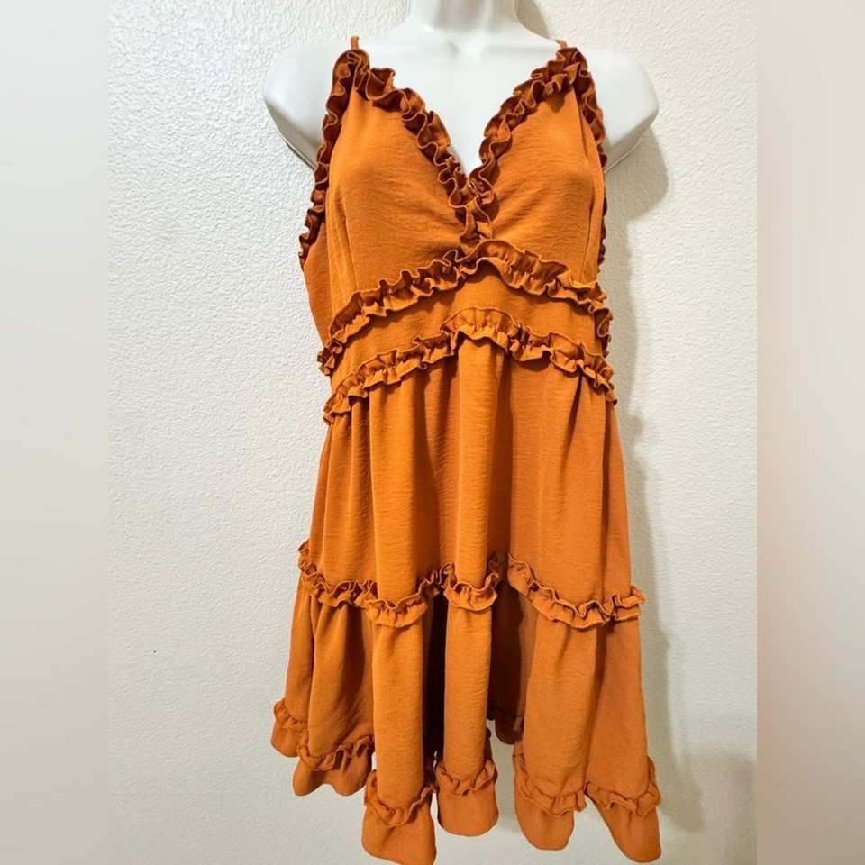 IRIS Rust Orange Ruffle Mini Dress Size M – Boho Flowy Summer | eBay