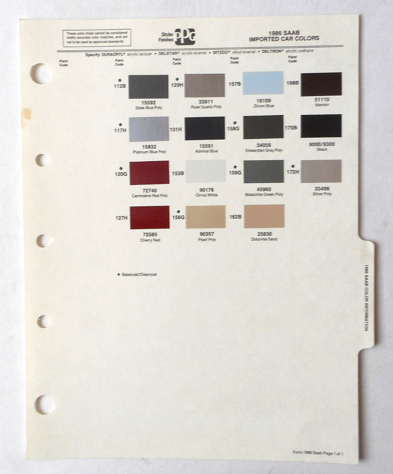 1986 SAAB PPG COLOR PAINT CHIP CHART ALL MODELS ORIGINAL | eBay