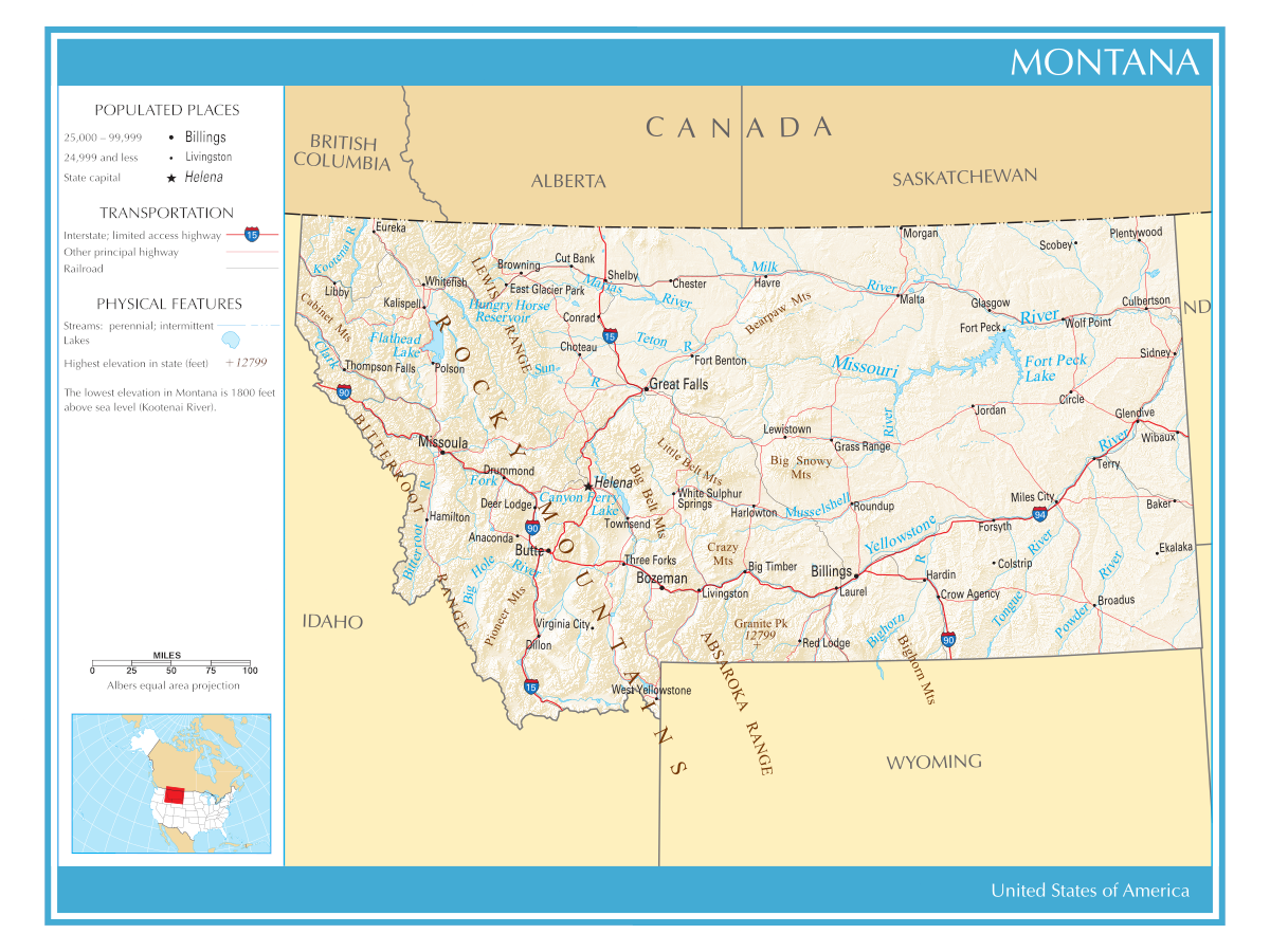 Map of the State of Montana United States of America Political Physical ...