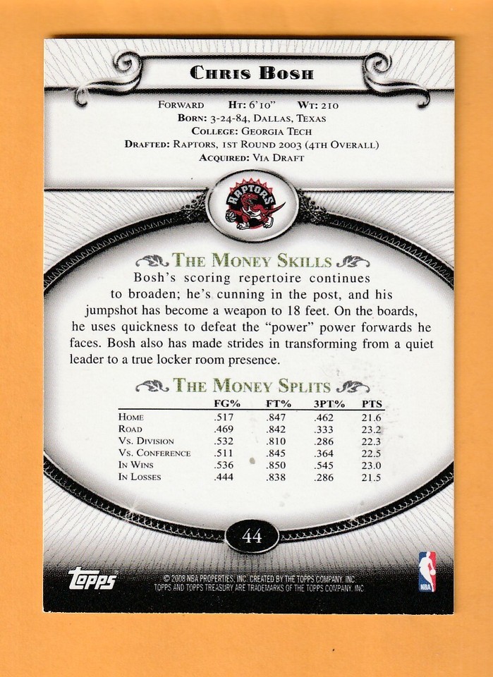 Chris Bosh Toronto Raptors 2008-09 Topps Treasury #44 HOF Georgia Tech ...