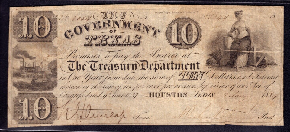 1839 $10 GOVERNMENT OF HOUSTON TEXAS TX-H17 TREASURY NOTE GUTTER FOLD ...