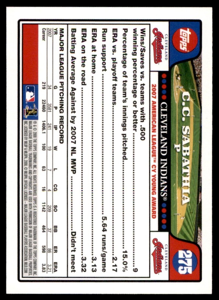 2008 TOPPS #275 CC SABATHIA CLEVELAND INDIANS | eBay