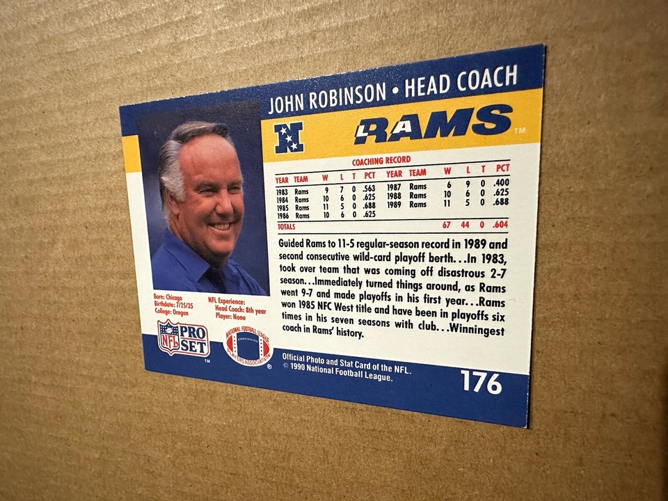 John Robinson Signed 1990 PRO SET #176 Los Angeles Rams Coach NFL NCAA ...